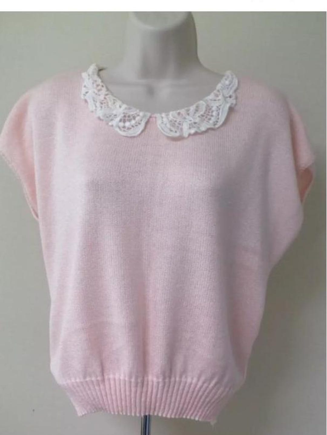 Vintage Southern Lady PINK Sweater With Crochet Collar - Size Large ...