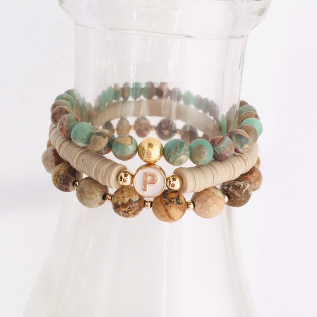 Enamel Initial Bead Bracelet Stack, Custom Bracelet, Personalized ...