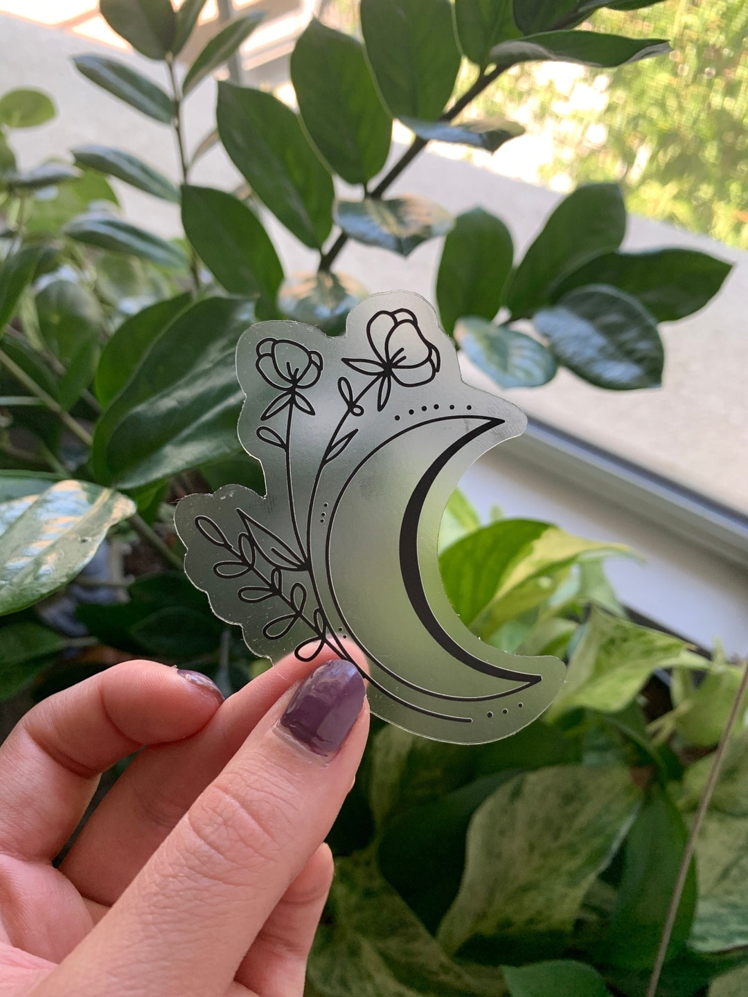 Vinyl Line Art Moon & Floral Transparent Sticker - Etsy