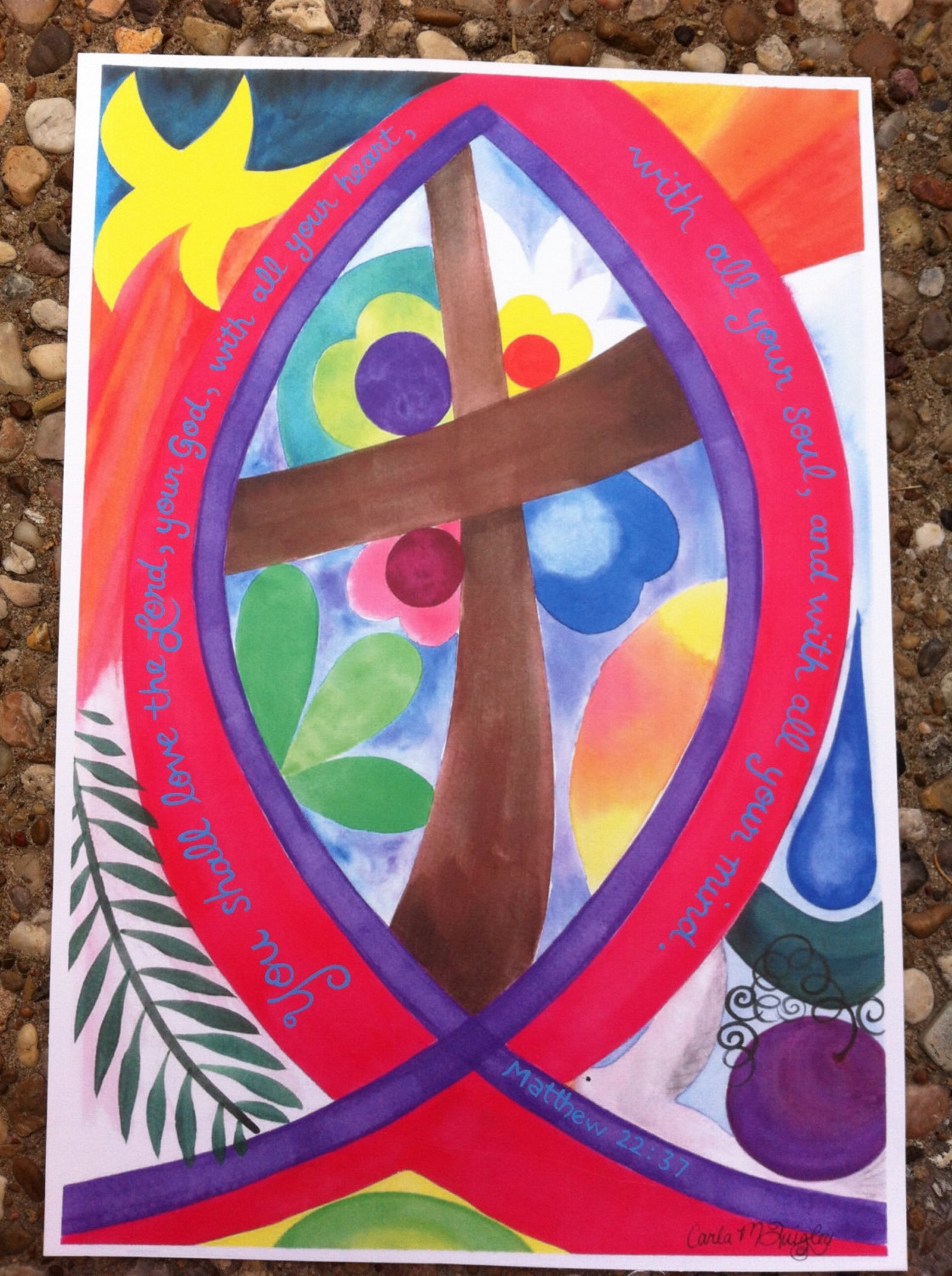 Ichthys Fish and Cross Original Art Print Christian Catholic Wall Decor ...