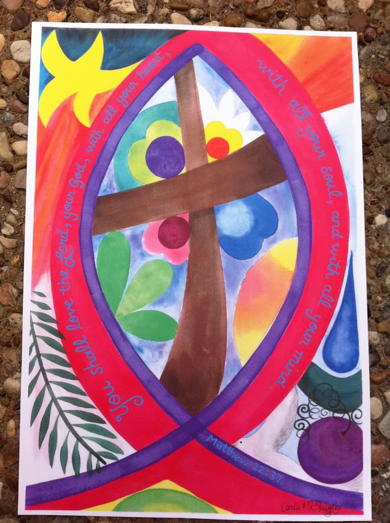 Ichthys Fish and Cross Original Art Print Christian Catholic Wall Decor ...