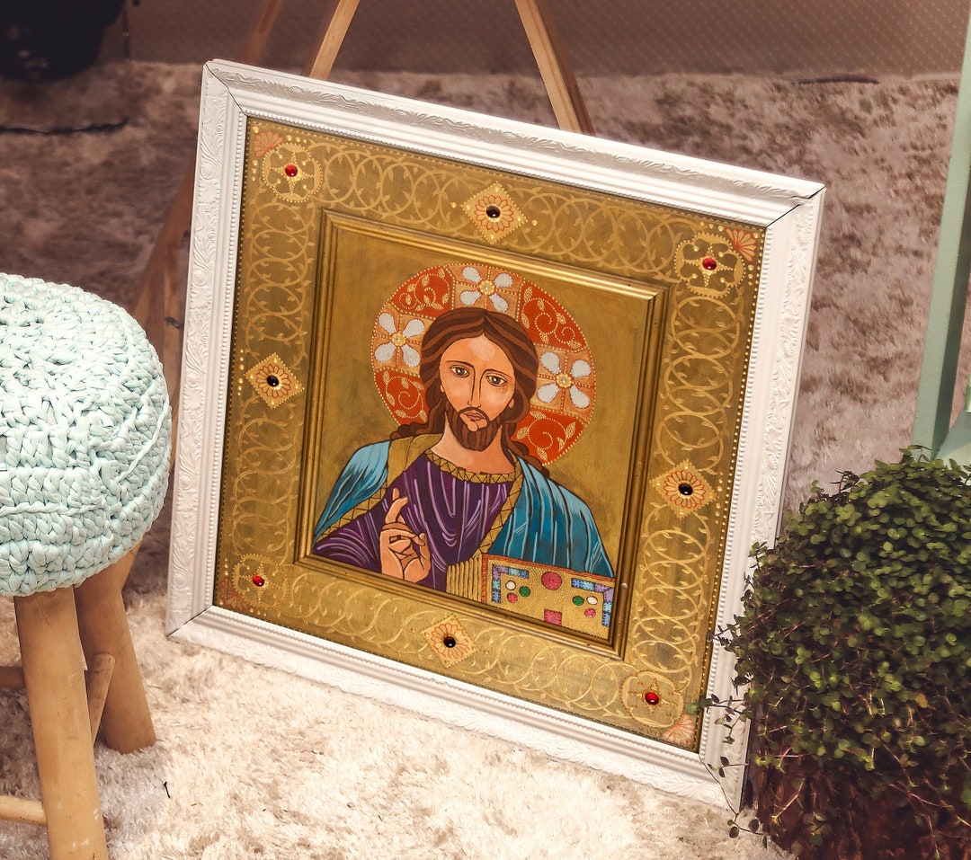 Jesus Christ Pantocrator Icon Style Original Art Print Christian ...