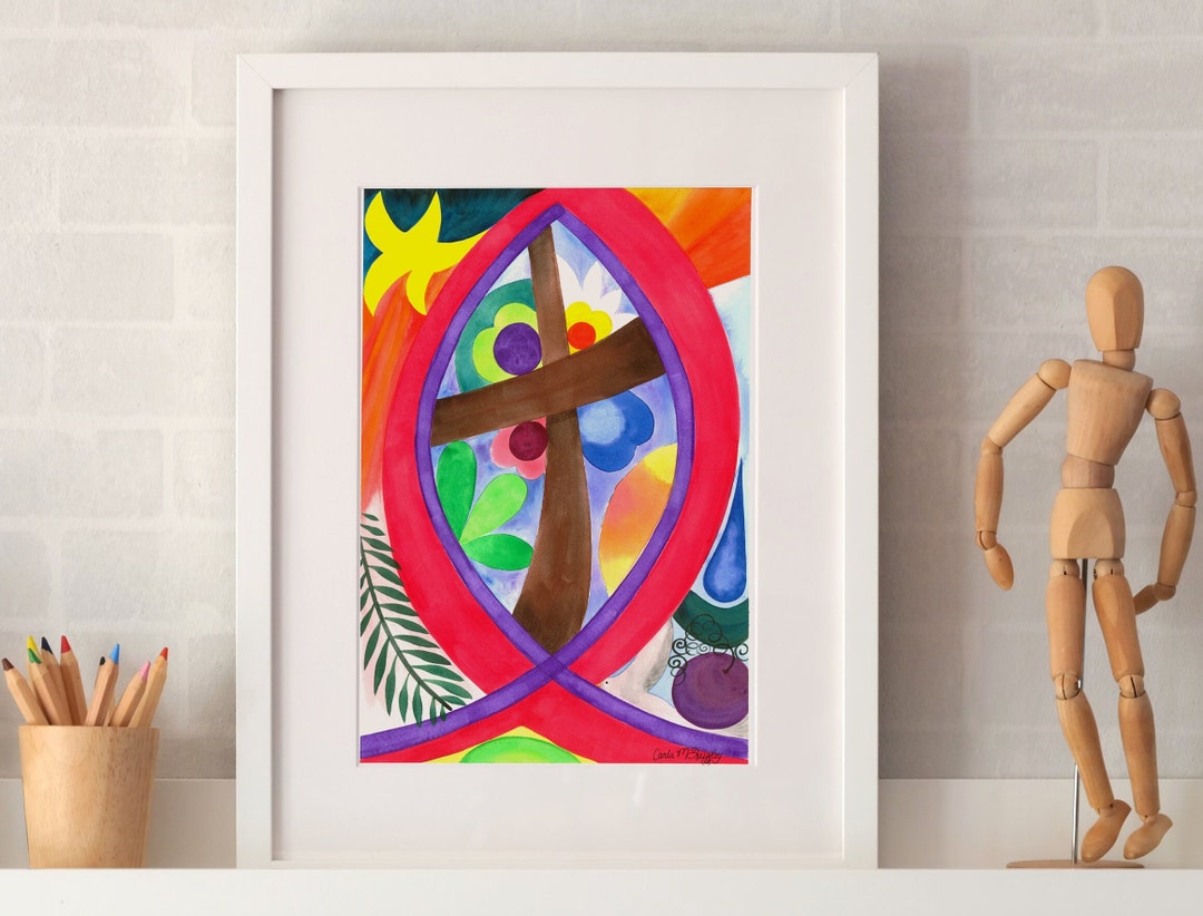 Ichthys Fish and Cross Original Art Print Christian Catholic Wall Decor ...
