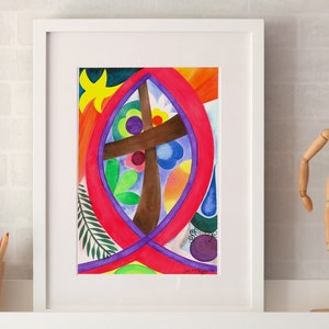Ichthys Fish and Cross Original Art Print Christian Catholic Wall Decor ...