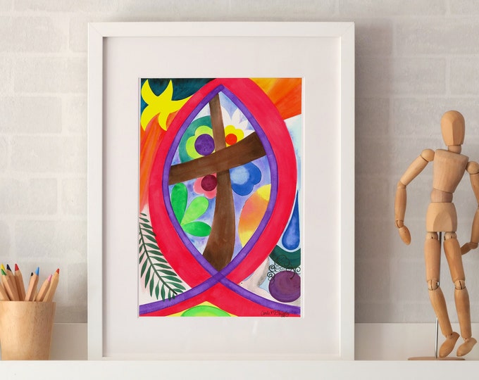 Ichthys Fish and Cross Original Art Print Christian Catholic Wall Decor ...