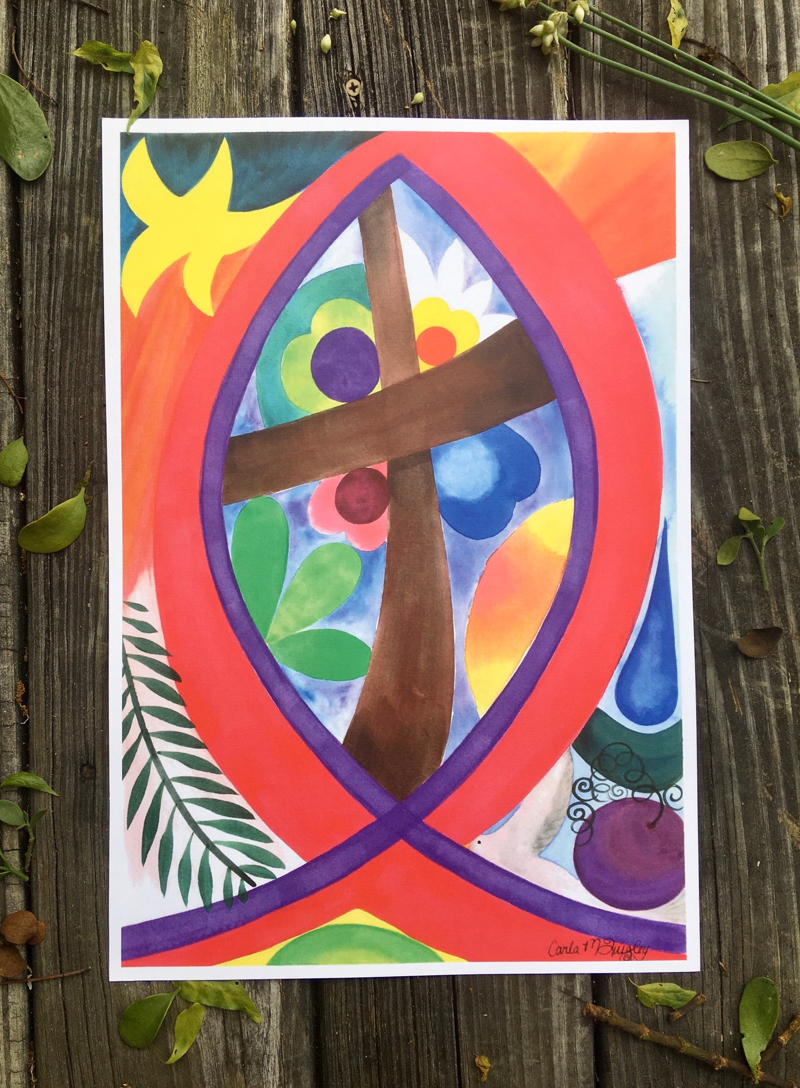 Ichthys Fish and Cross Original Art Print Christian Catholic Wall Decor ...