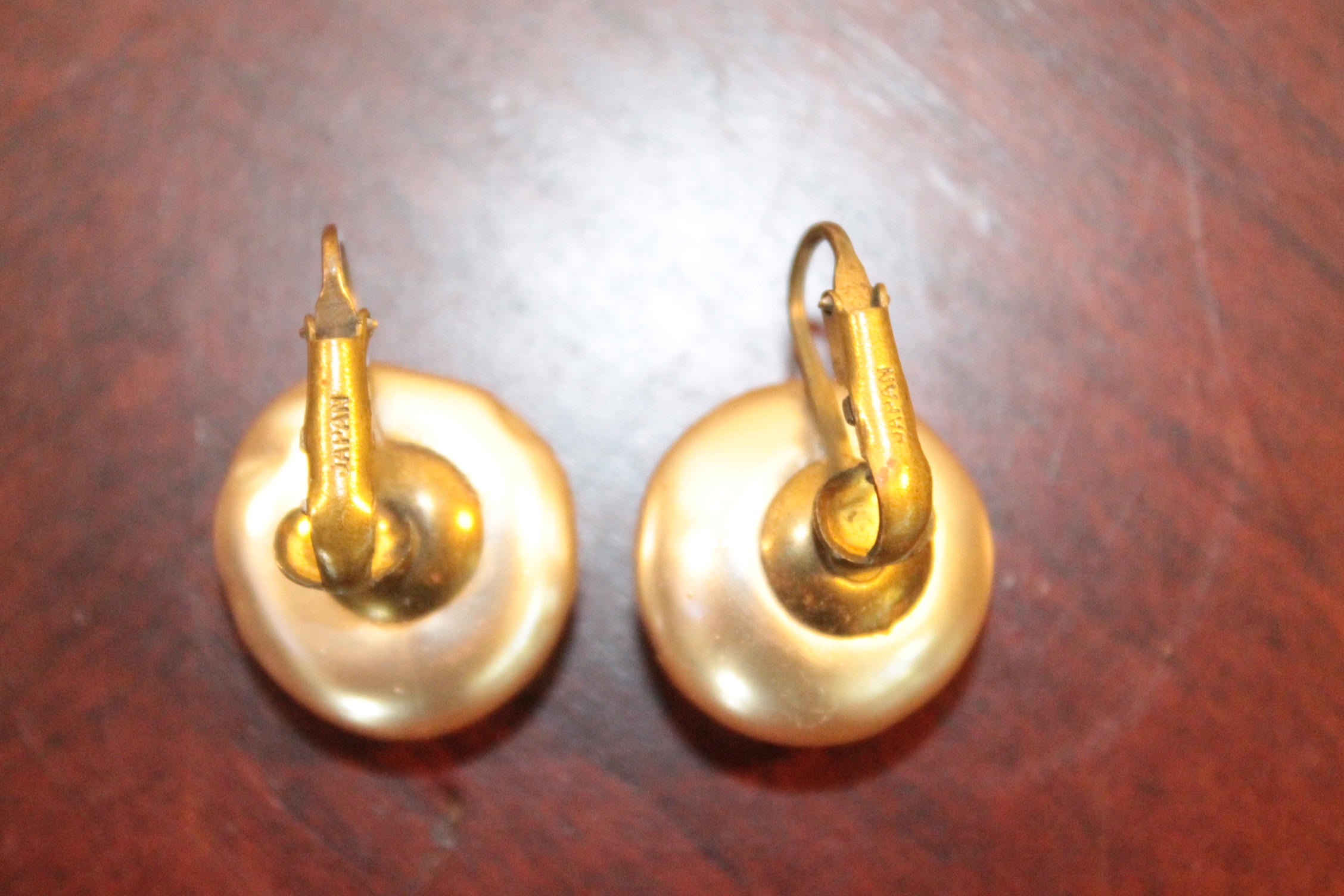Pair of Large Baroque Style Button Pearls With Gold Clip Backs – Marked ...