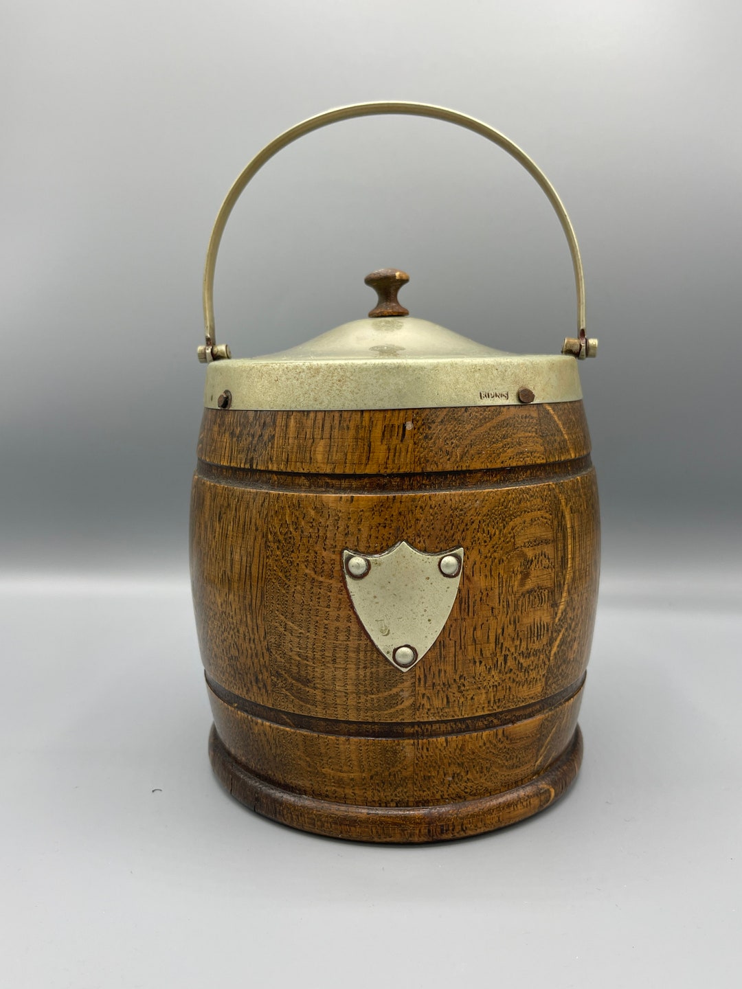 Vintage Oak Biscuit Barrel With Silverplate Lid and Trim and Porcelain ...