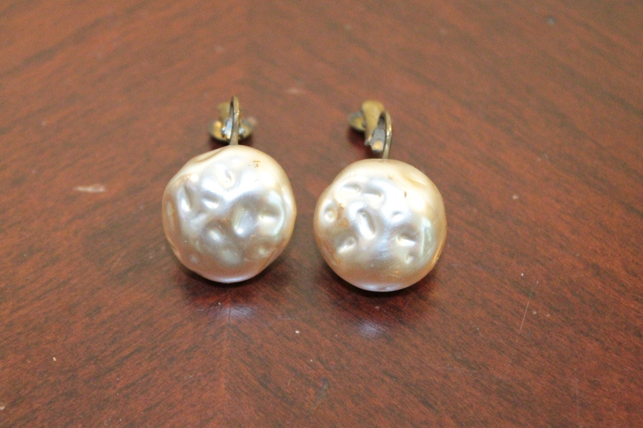 Pair of Large Baroque Style Button Pearls With Gold Clip Backs – Marked ...