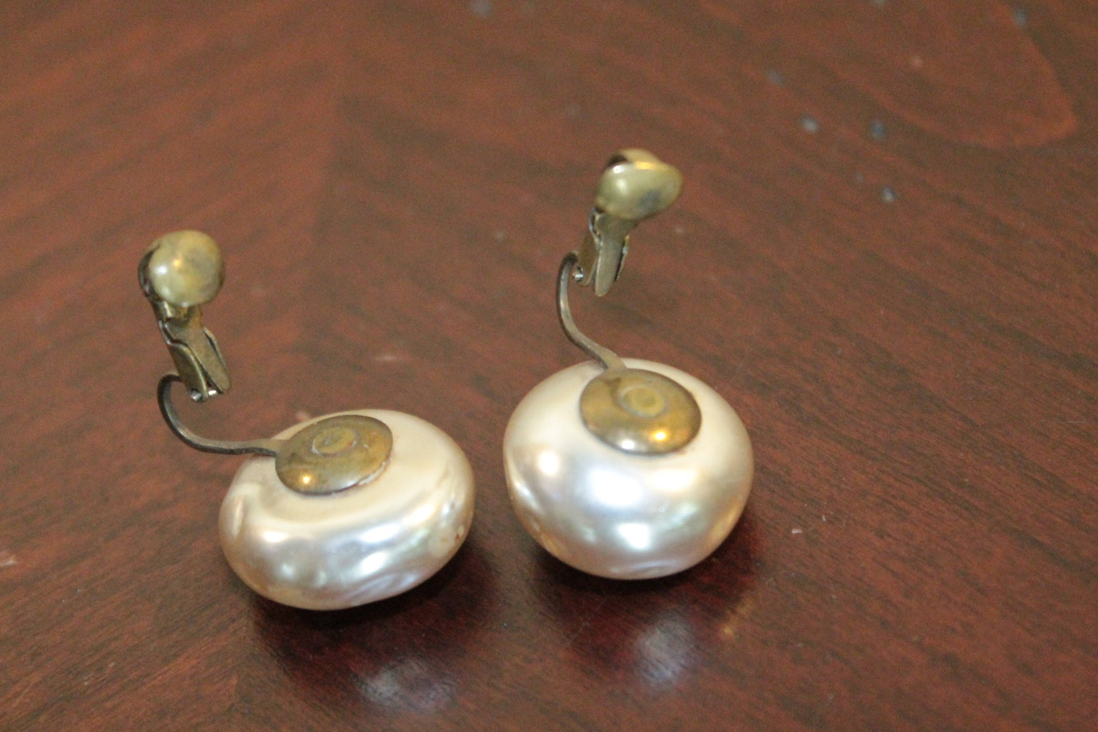 Pair of Large Baroque Style Button Pearls With Gold Clip Backs – Marked ...