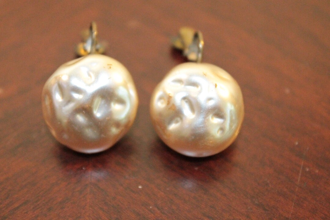 Pair of Large Baroque Style Button Pearls With Gold Clip Backs – Marked ...