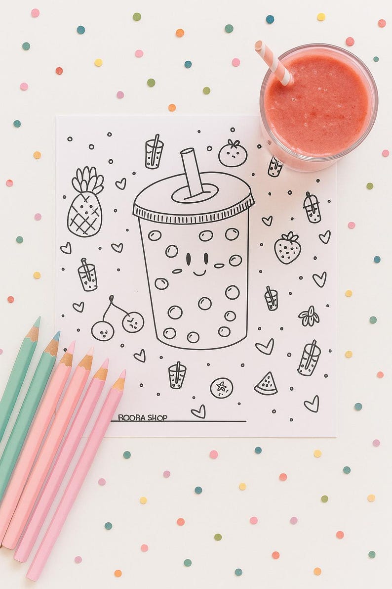 Kawaii Coloring Pages to Print - Bubble Tea & Cute Fruits | Digital ...