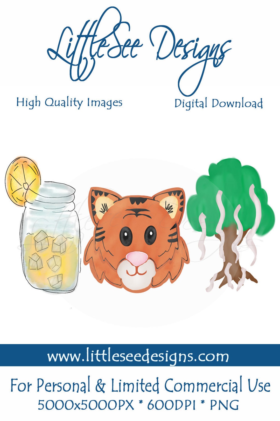 Tiger Sublimation, Lemonade and Oak Tree, Watercolor Clipart, Hand ...