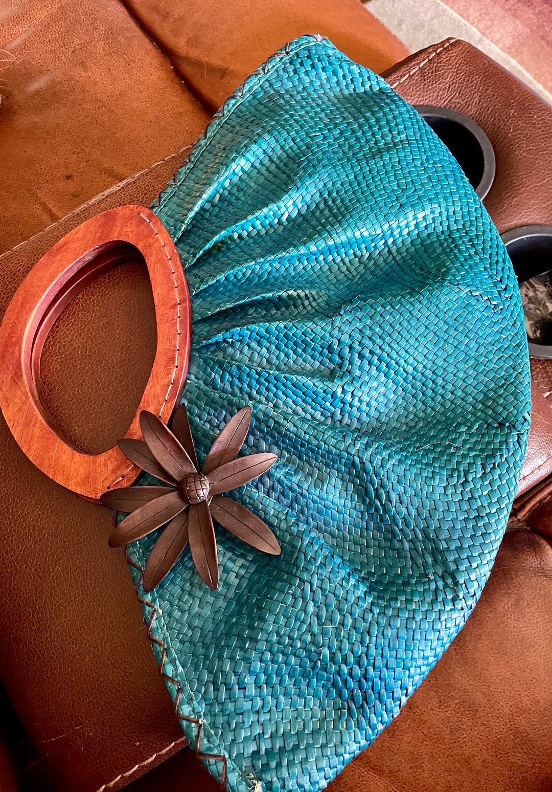 Vintage Turquoise Straw Bag - Etsy