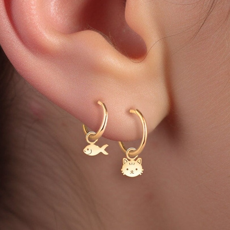 Gold Cat and Fish Earring - Etsy