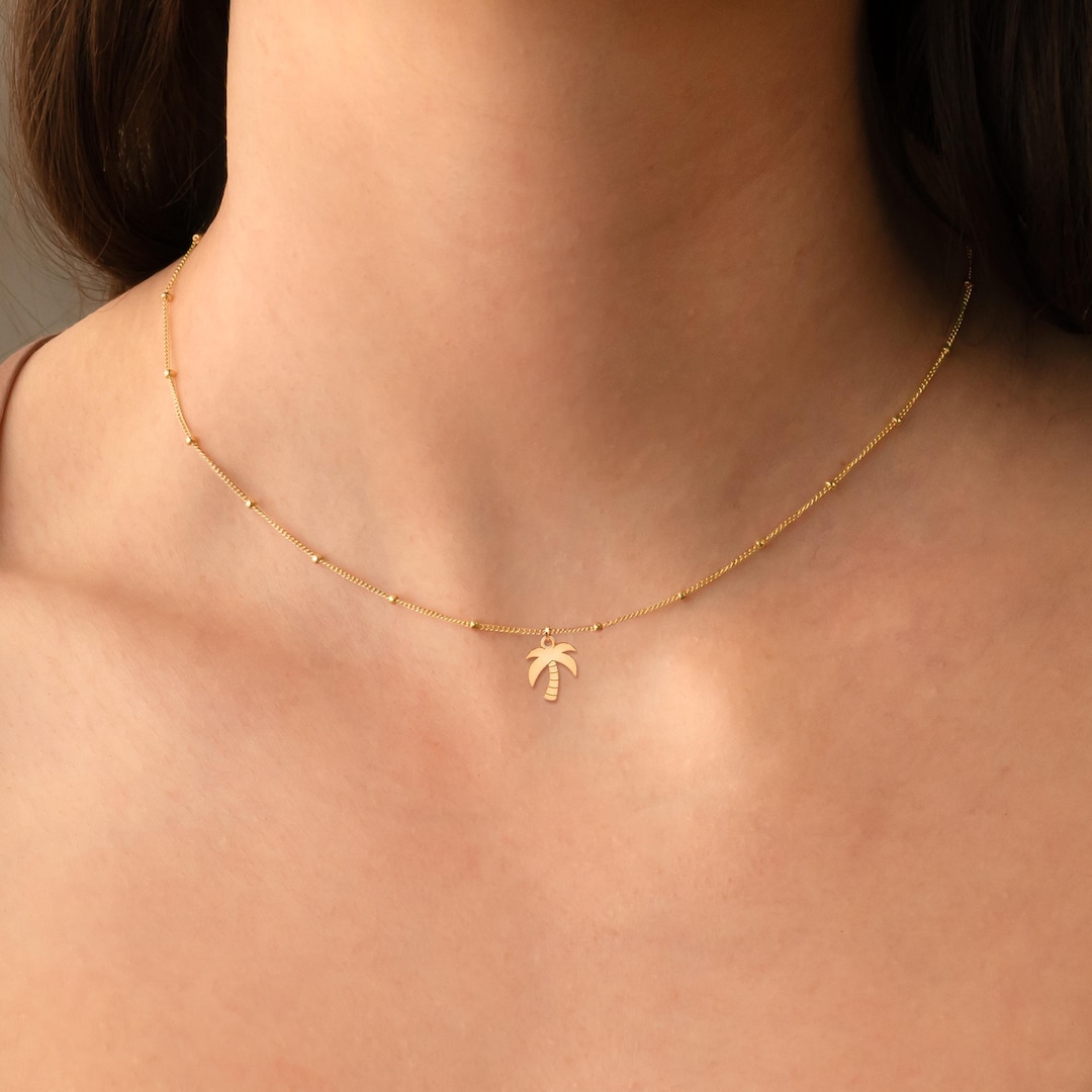 Palm Tree Pendant on a Beady Chain Necklace, Available in 14k Gold ...