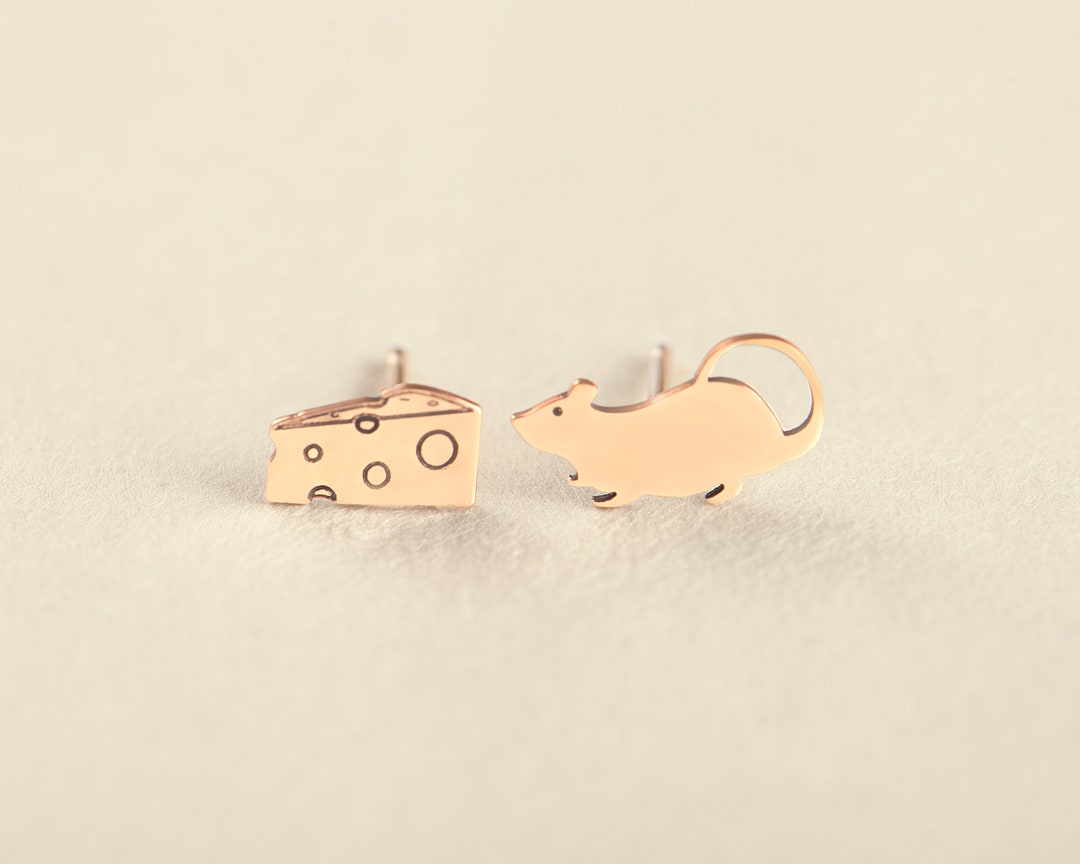 Mouse and Cheese Earring, Mouse Earring, Gold Earring, Rose Gold ...