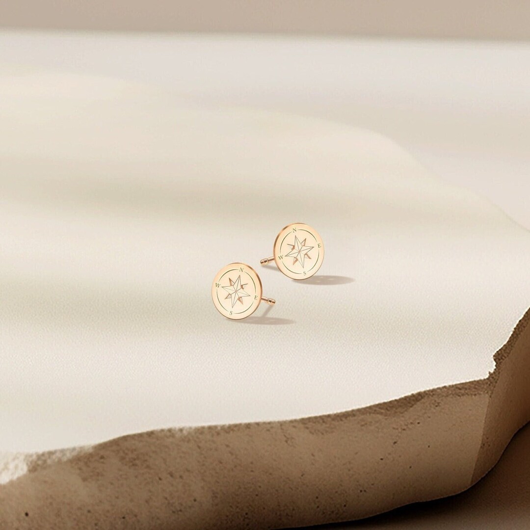 Gold Compass Stud Earrings, Dainty Wanderlust Earrings, Gold, Silver, Rose Gold Earrings ...