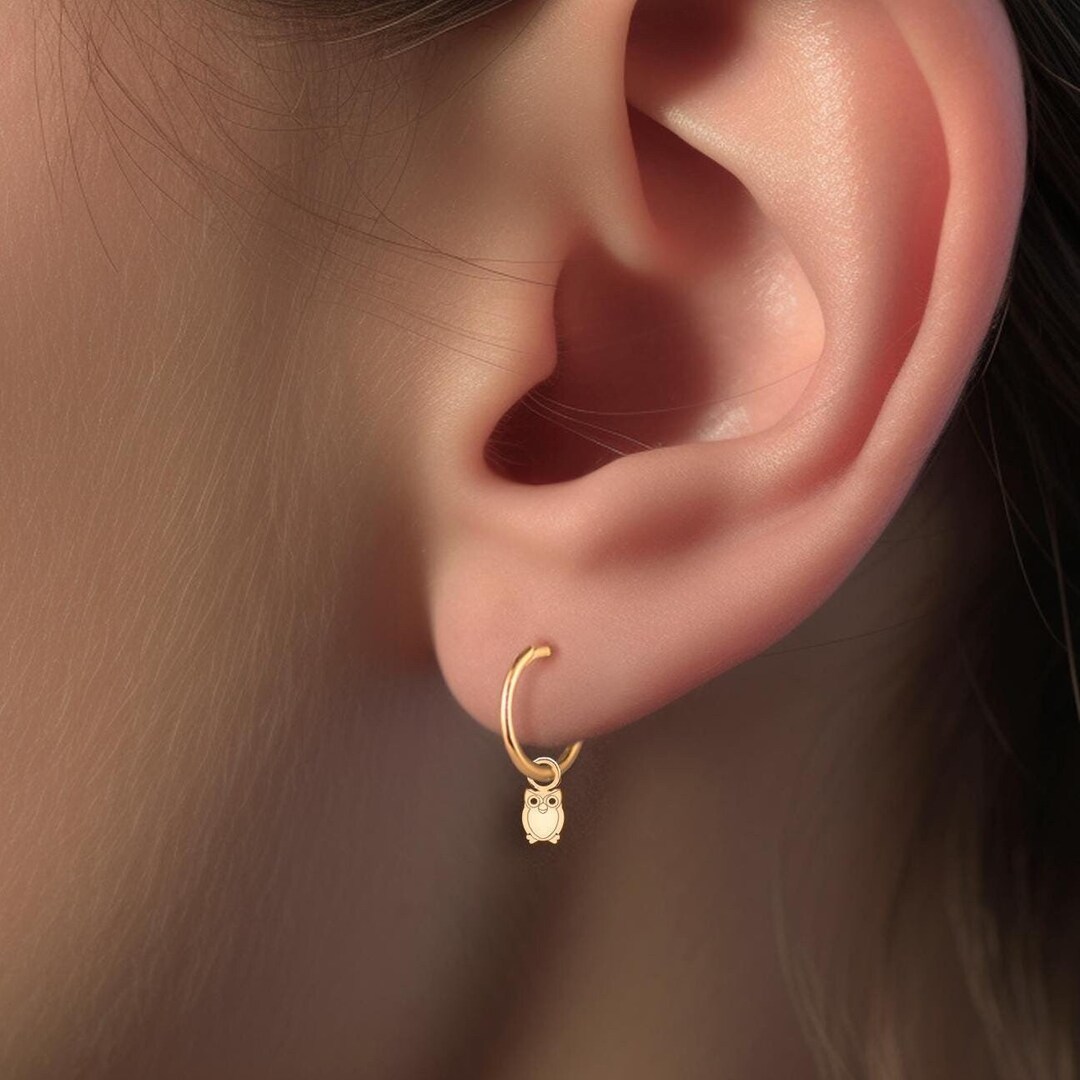 Owl Huggie Hoops Charm, Handcrafted in Gold Vermeil, Silver, Solid 14k ...