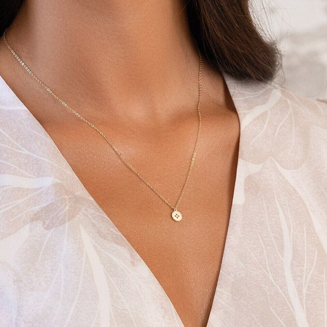 Button Charm Necklace Custom Tiny Necklace Dainty Jewelry Gold Button ...