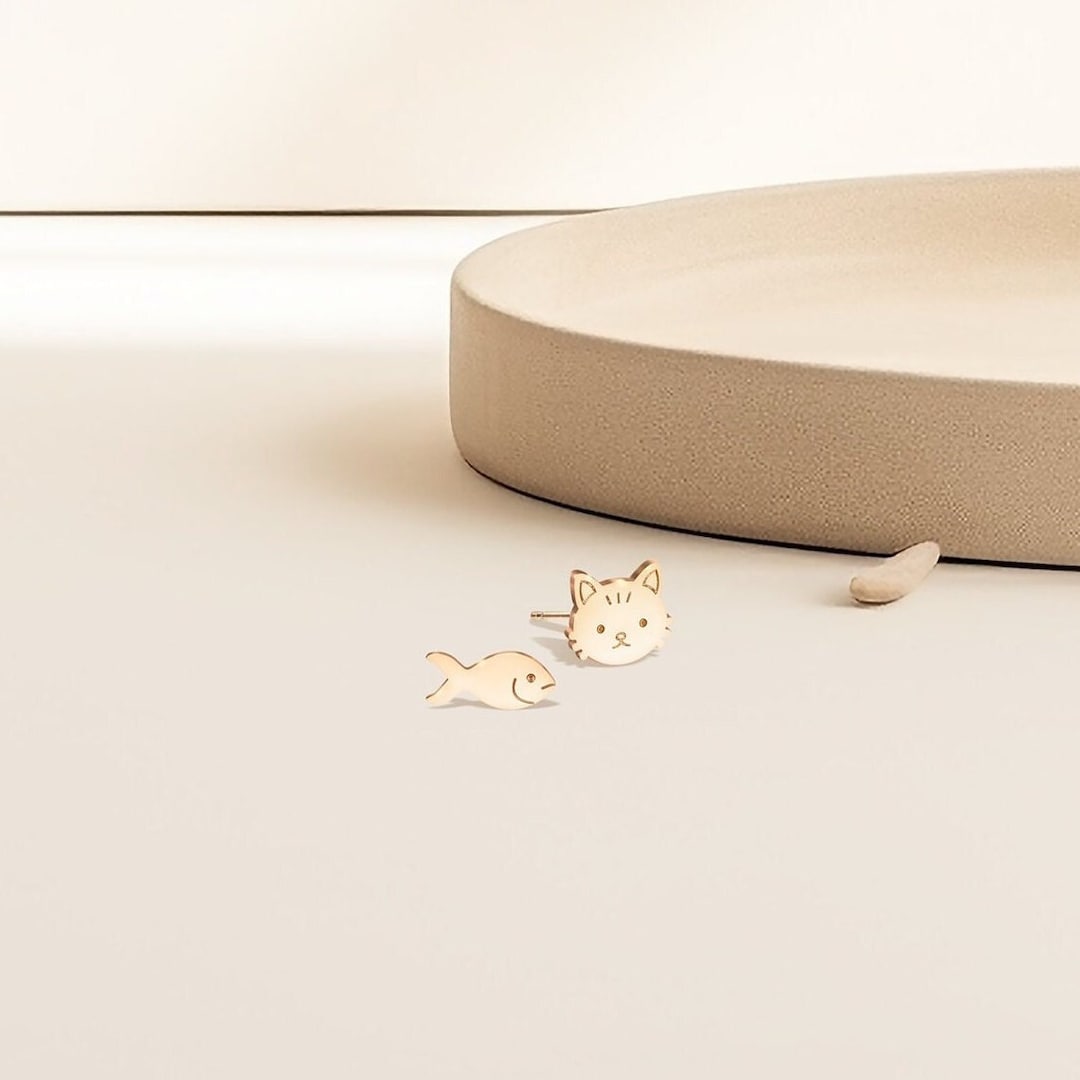 Mismatched Cat and Fish Earrings, Dainty Stud Earring, Gold Funny ...