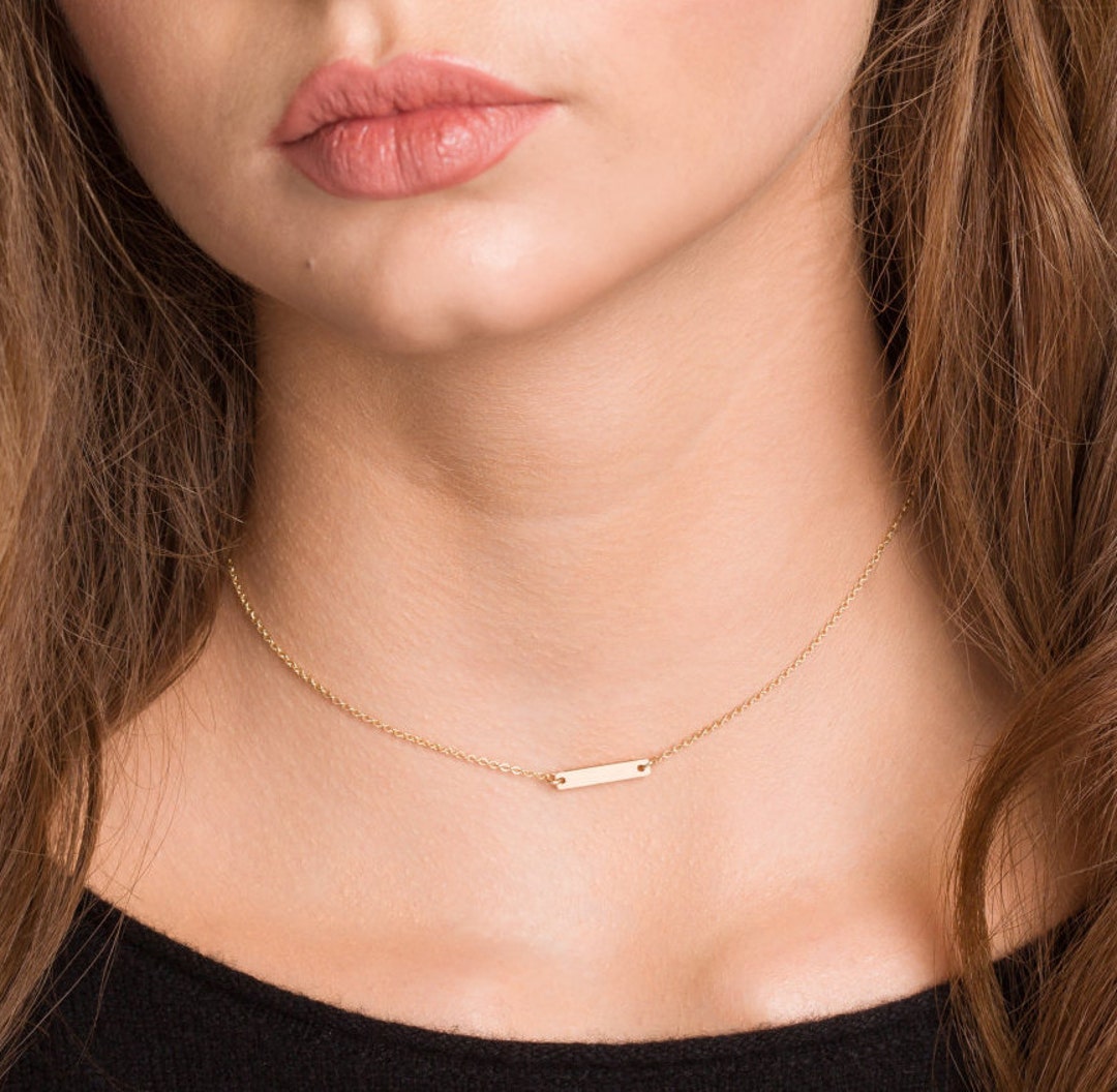 TINY Horizontal Gold, Rose Gold or Silver Bar Choker Necklace, 14K Gold ...