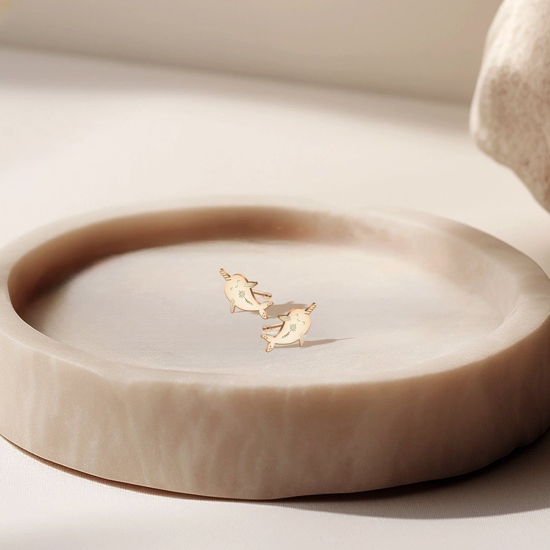 Swimming Narwhal Earrings, Dainty Whale Earrings, Gold, Silver, Rose ...