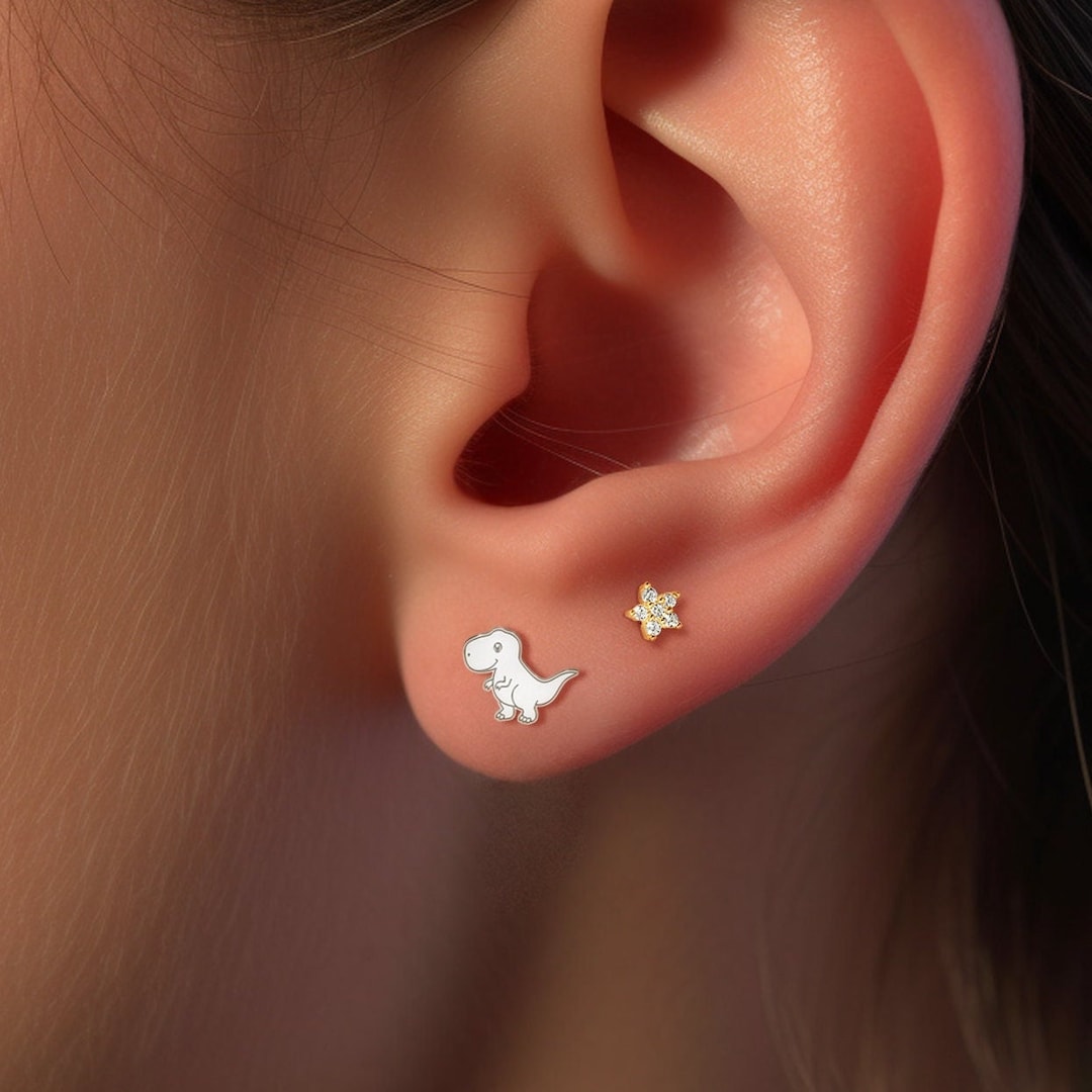 Happy T-rex Dinosaur Earrings, Dainty Dino Earring, Gold Earrings ...