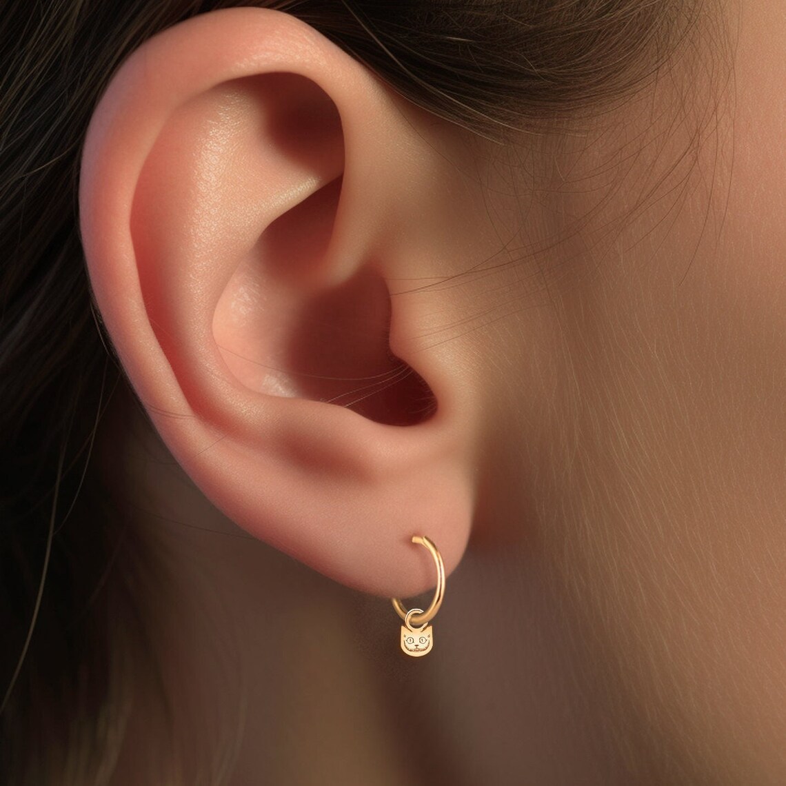 Cheshire Cat Charm Hoop Earrings Gold Stud Little Cat Huggies Cute Gold ...