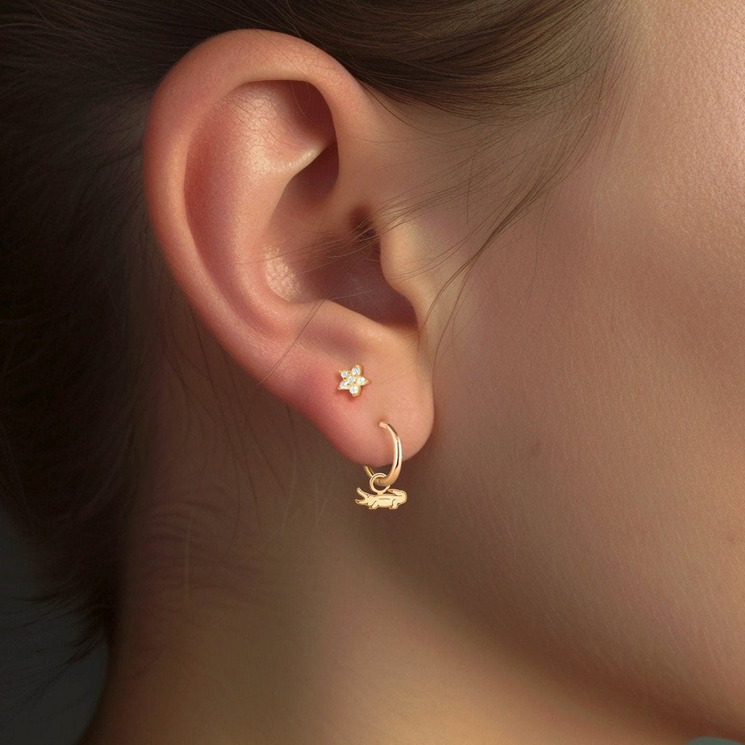 Huggie Hoop Earrings With Alligator Charm, Handcrafted in Gold Vermeil ...