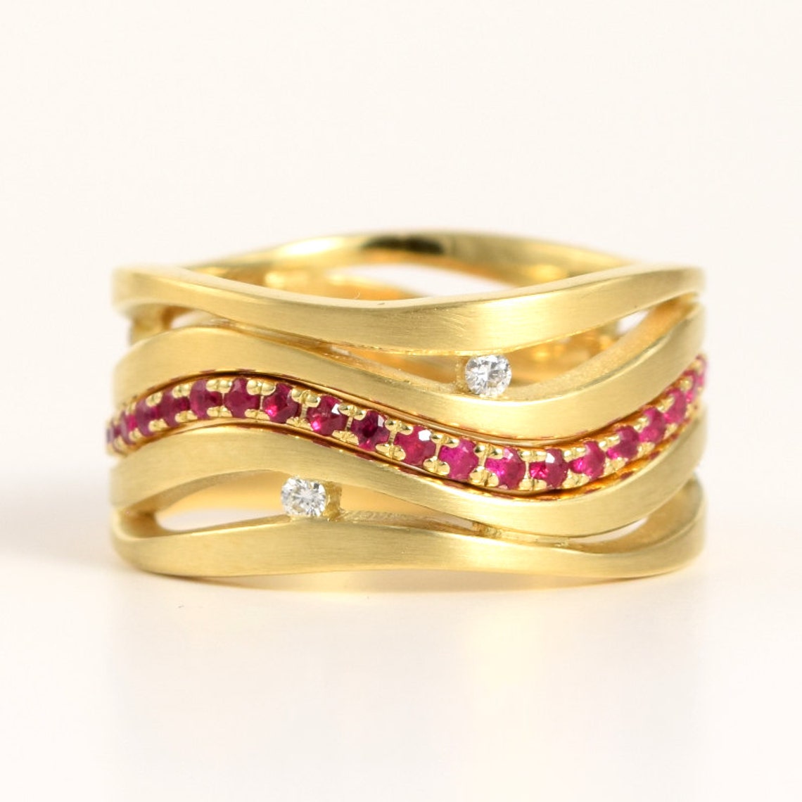 Ruby + Diamond 18k Gold 3 Ring Bridal Set 'wave' | Engagement Ring ...