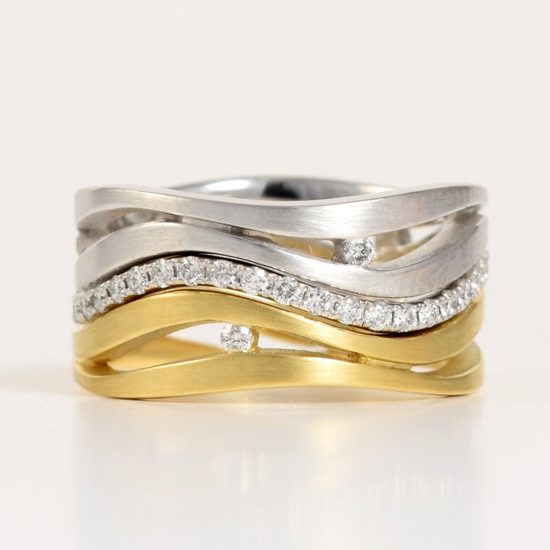 18k Gold 'wave' Wedding Band or Engagement Ring With 3 - Etsy