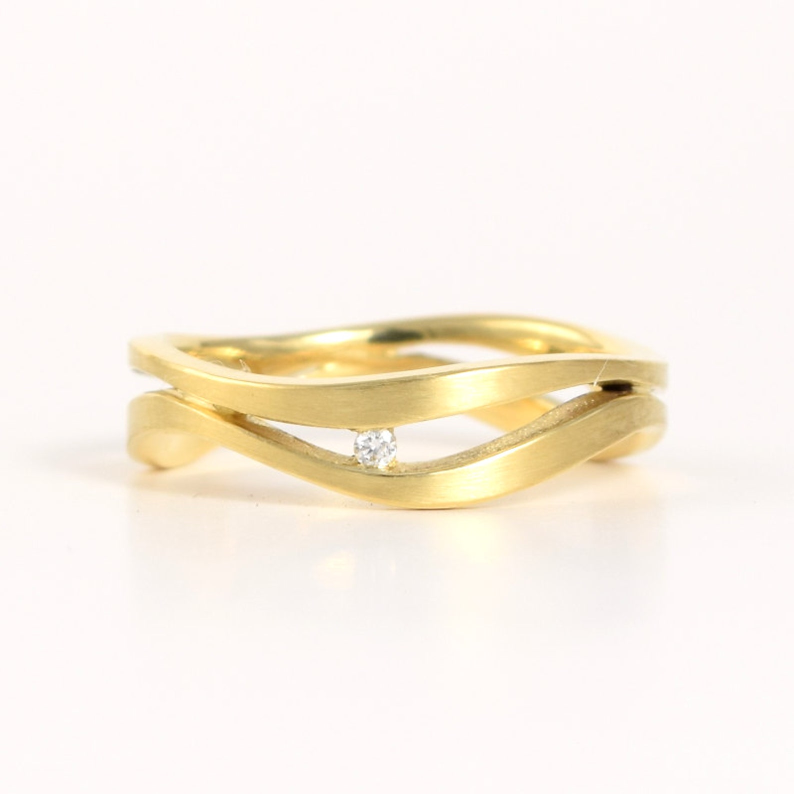 18k Gold 'wave' Wedding Band or Engagement Ring With 3 - Etsy