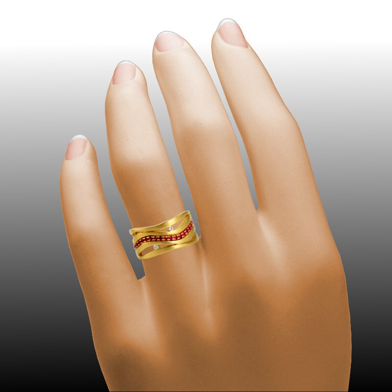 Ruby Diamond 18k Gold 3 Ring Bridal Set 'wave' Engagement Ring Wedding ...