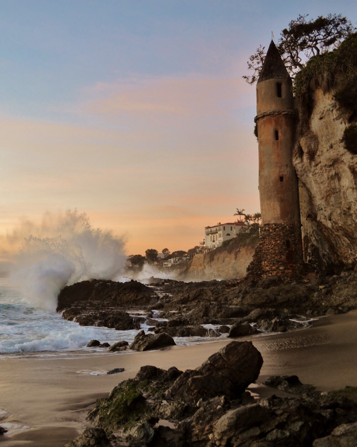 Sunset at the Pirate Tower, Victoria Beach in Laguna Beach, Orange ...