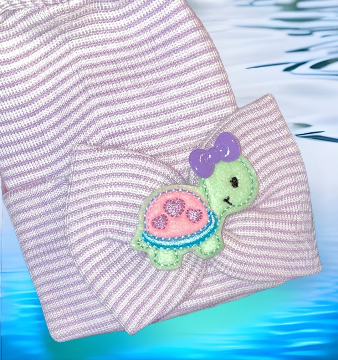 Newborn Hospital Hat Adorable Turtle With Lavender Bow on Her. Newborn ...