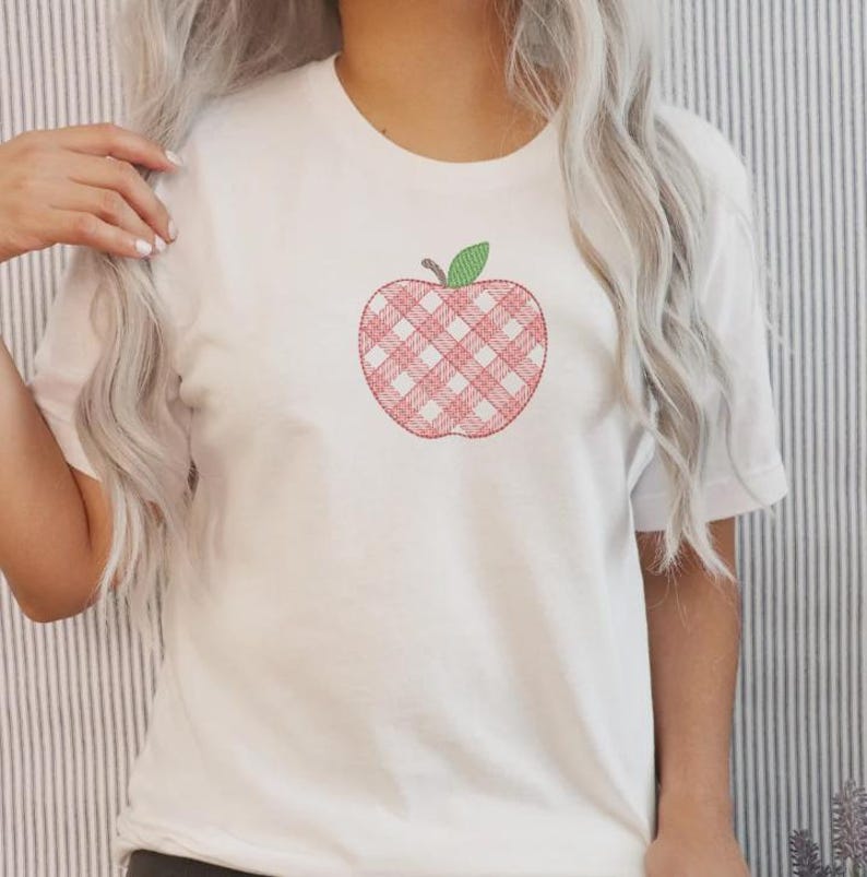 Gingham Apple Embroidery Design, Plaid Back to School Motif (digital ...