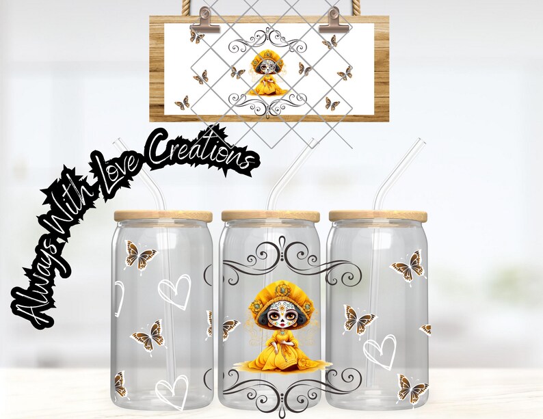 Cute Catrina Dia De Los Muertos Ready to Apply UV DTF Wrap Fits 16oz ...