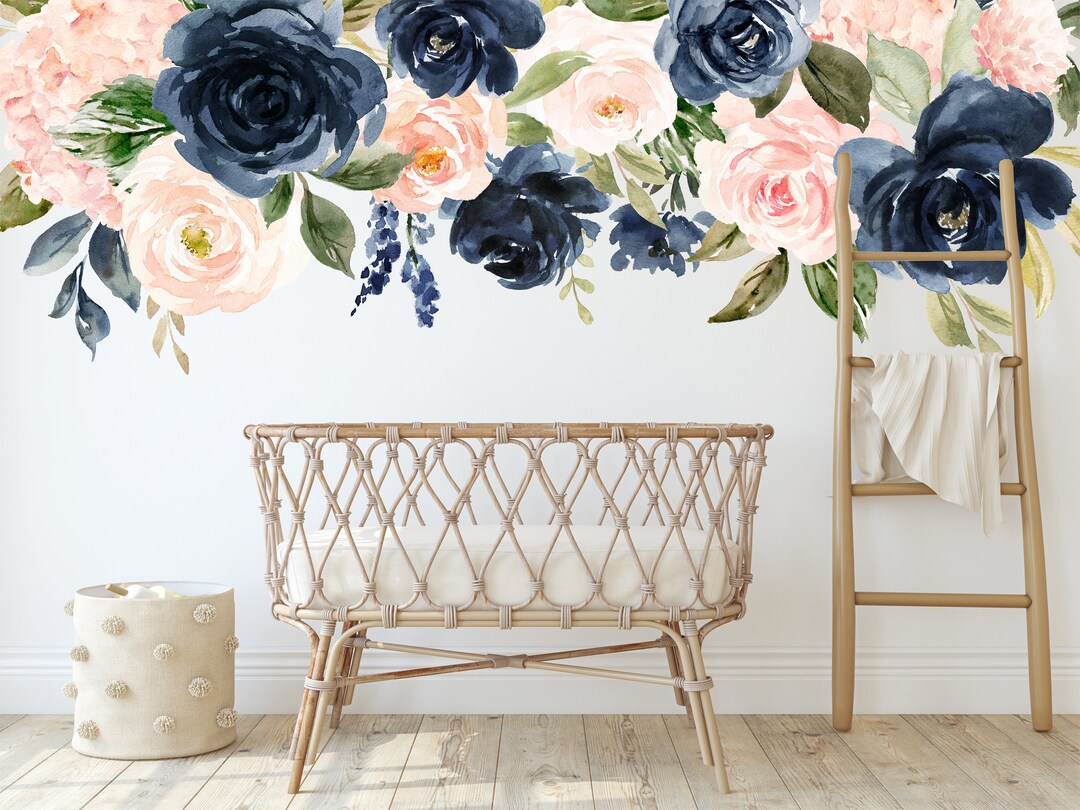 Blush Pink and Navy Flower Watercolor Decal, Rose Floral Nursery Wall ...