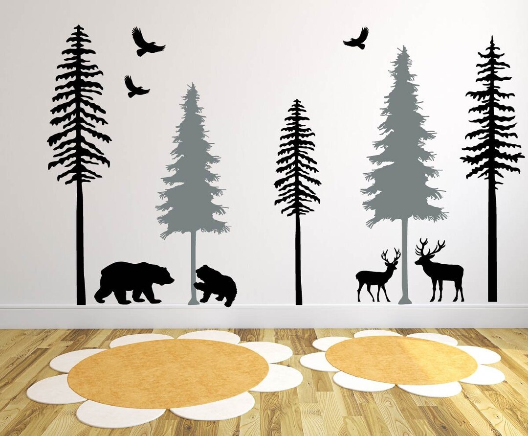 Pine Tree Wall Decal, Jungle Wall Decor, Forest Trees Decal, Moose ...
