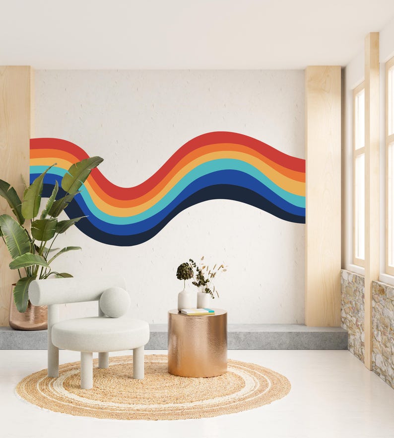 Wavy Retro Stripe Wall Decal, Retro Waves Wall Decal, Office Room ...