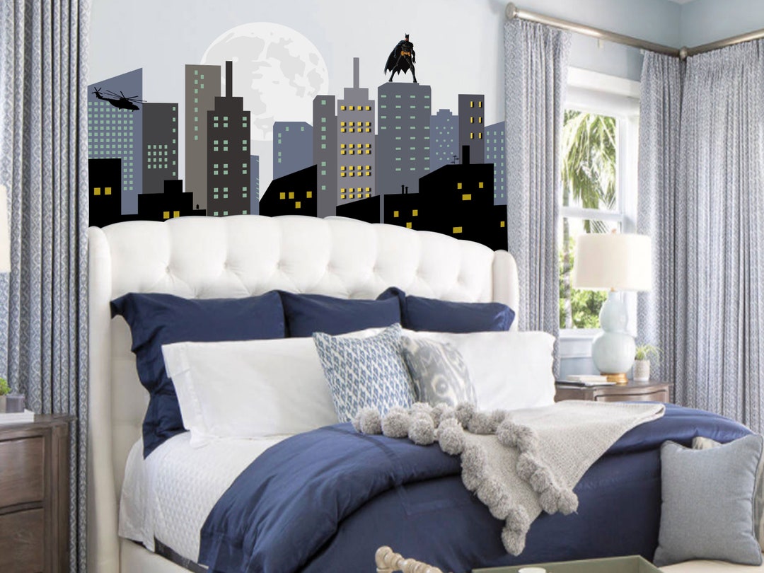 Super Wall City Fabric Decal Skyline Bat City Wall Decal With Moon ...