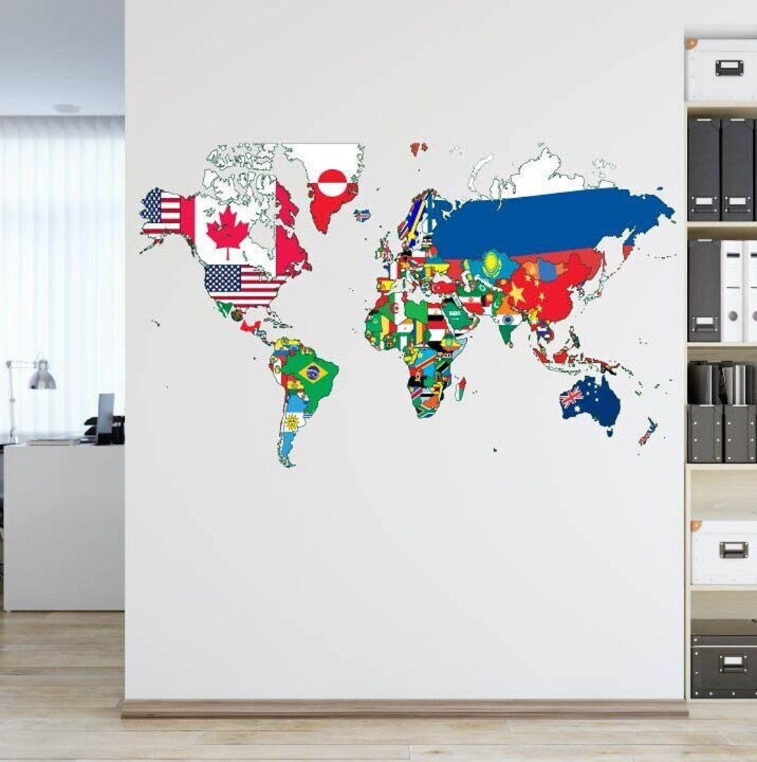 World Map Wall Decal, Global World Map Decal, Countries Flags, Wall ...