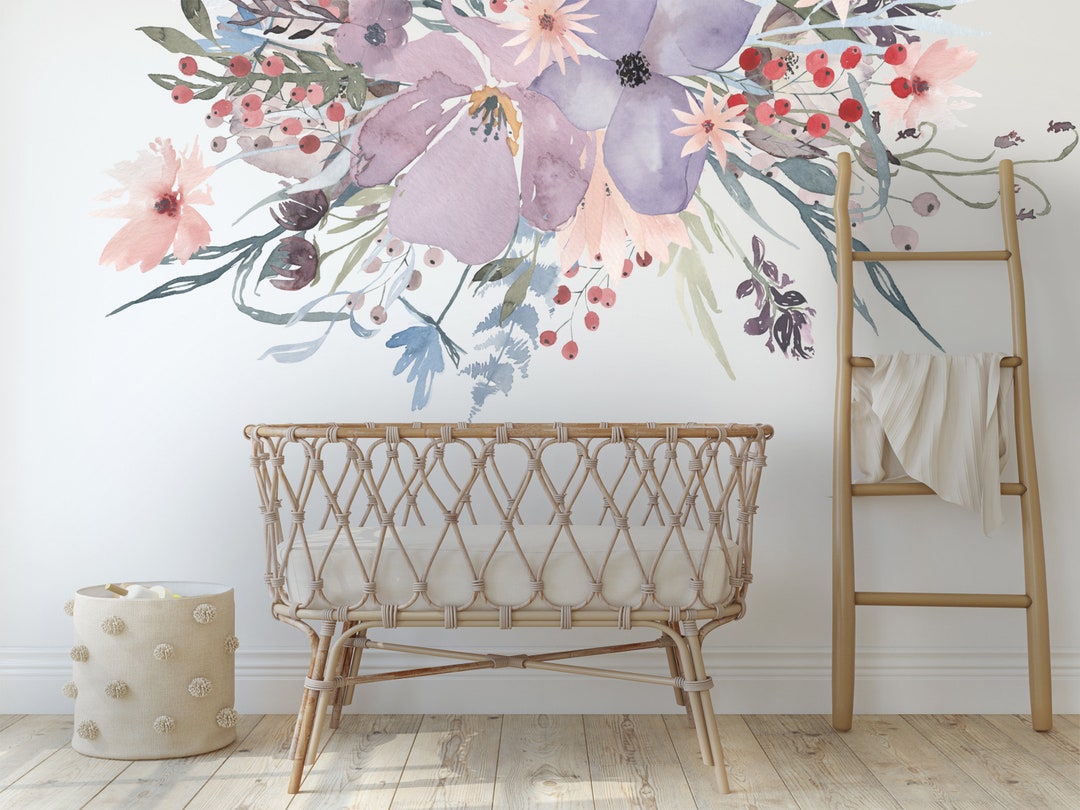 Floral Wall Decal, Watercolor Spring Flowers Decal, Rose Mural, Nursery ...