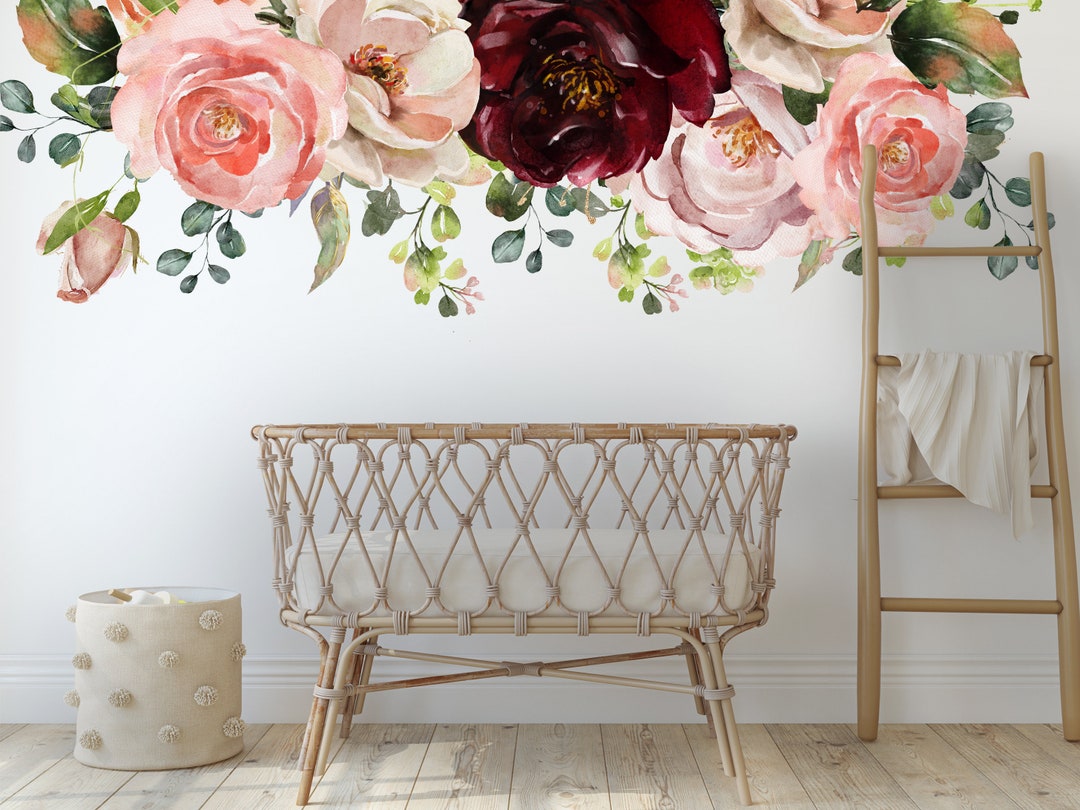 Red Rose and Blush Pink Flower Watercolor Decal, Rose Floral Nursery ...