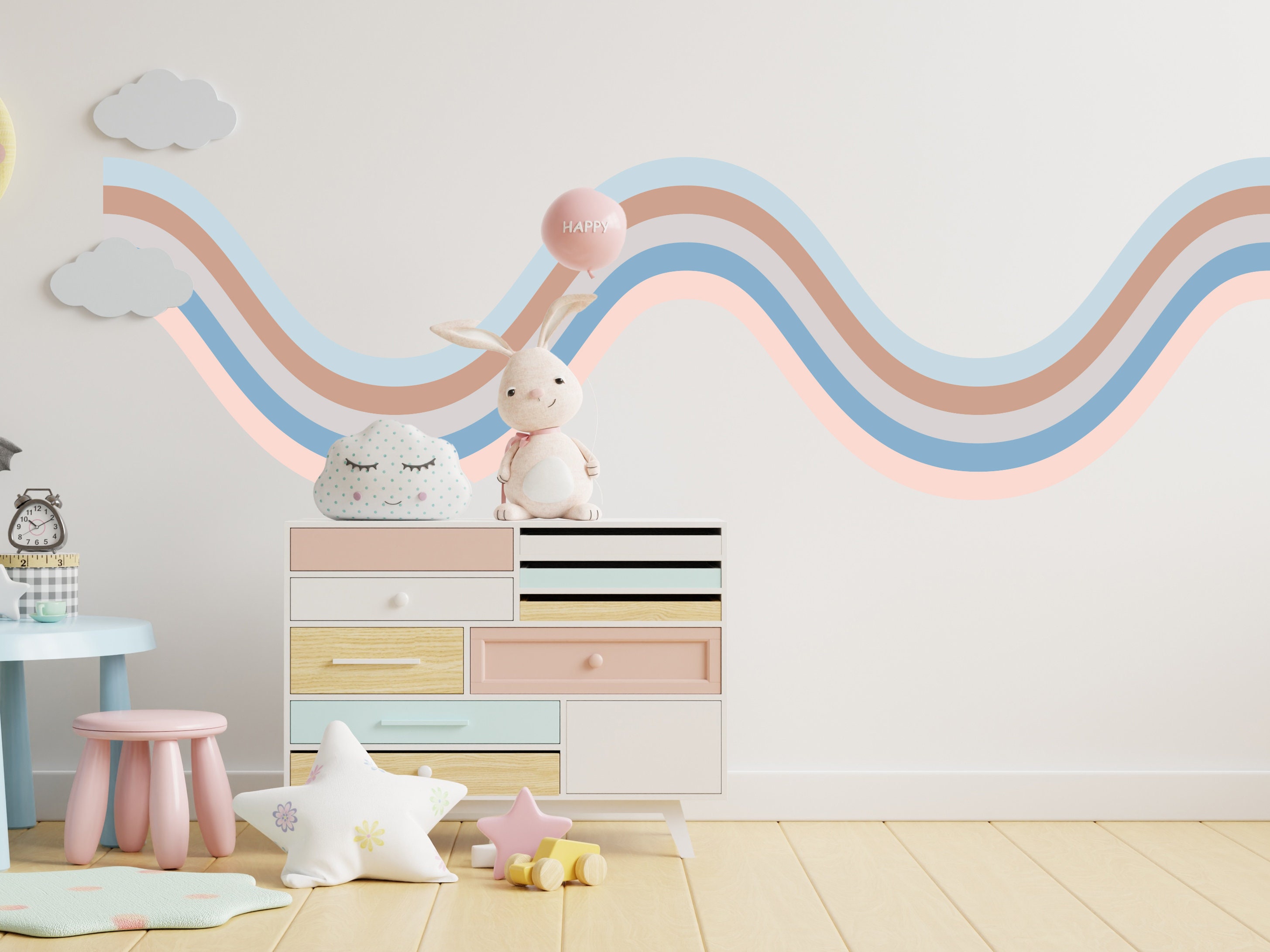Wavy Retro Stripe Rainbow Wall Decal, Nursery Room Wall Decor, Retro ...
