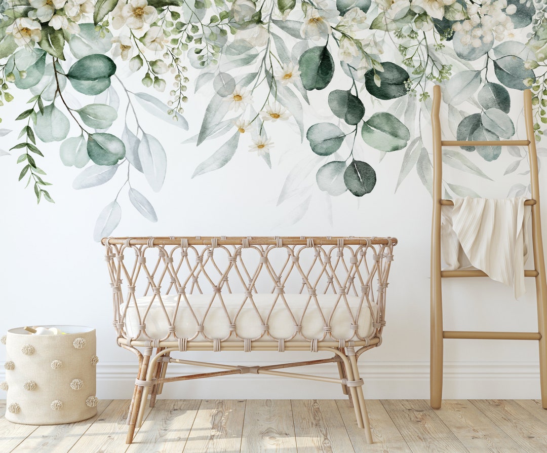 Green Eucalyptus Leaves Watercolor Decal, Green Wall Mural, Floral ...