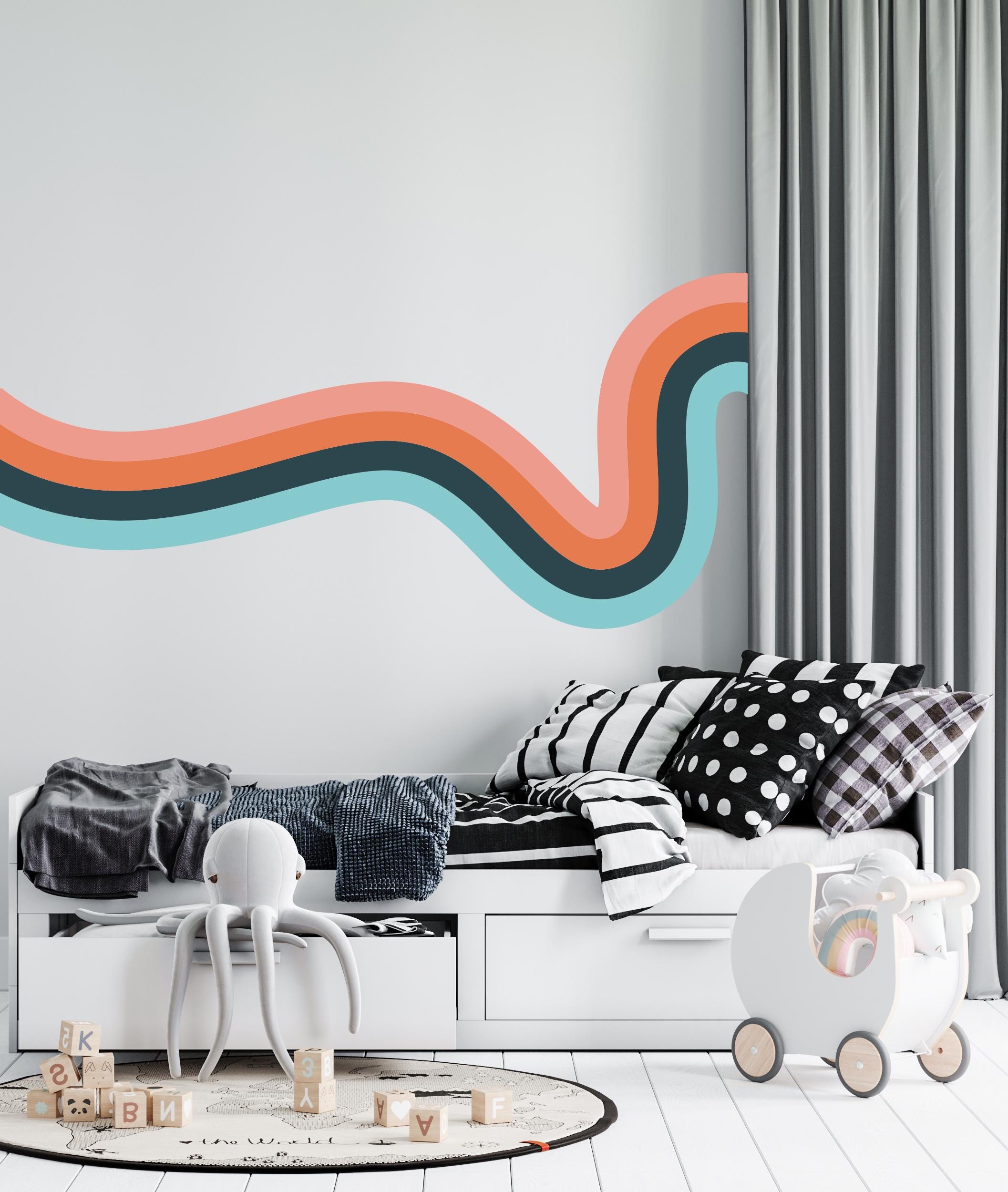 Wavy Retro Stripe Rainbow Wall Decal, Nursery Room Wall Decor, Retro ...