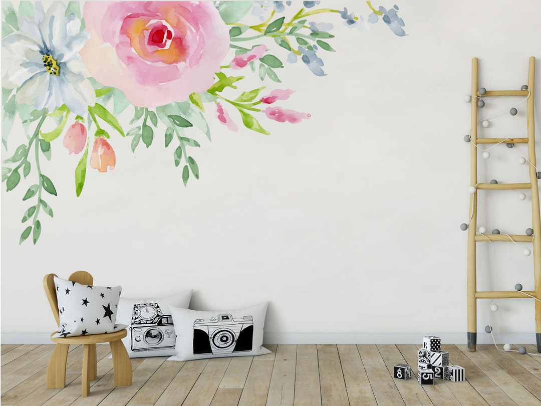 Pink Rose Wall Decal, Wall Decal Corners, Pink Watercolor Roses Pink ...