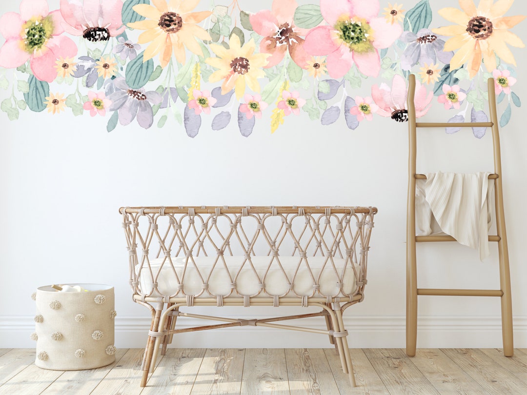 Pink Flower Watercolor Decal, Watercolor Sunflower Mural, Floral ...